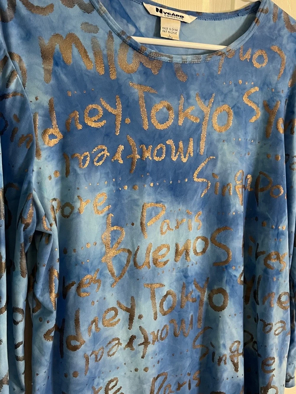 Nygard Collection | Tops | Blue Script Travel Print Long Sleeve Top ...
